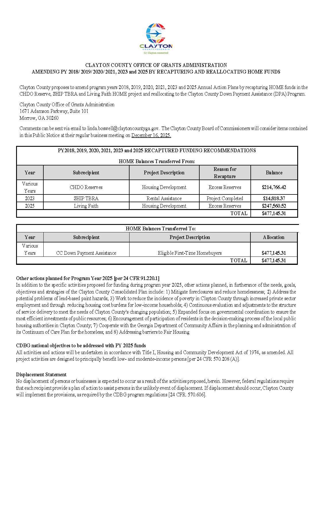 AMENDING PY 2018/ 2019/ 2020/ 2021, 2023 and 2025 BY RECAPTURING AND REALLOCATING HOME FUNDS ...